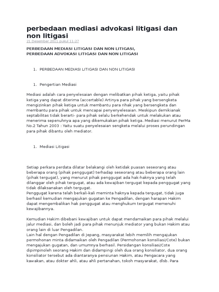 Perbedaan Mediasi Advokasi Litigasi Dan Non Litigasi | PDF Perbedaan Mediasi Advokasi Litigasi Dan Non Litigasi | PDF