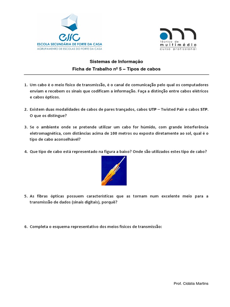 Ficha Trabalho 5 - Tipos de Cabos PDF | PDF