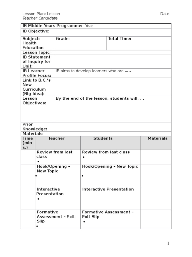 IB MYP Health Education Lesson Plan | PDF | Lesson Plan | Applied ...