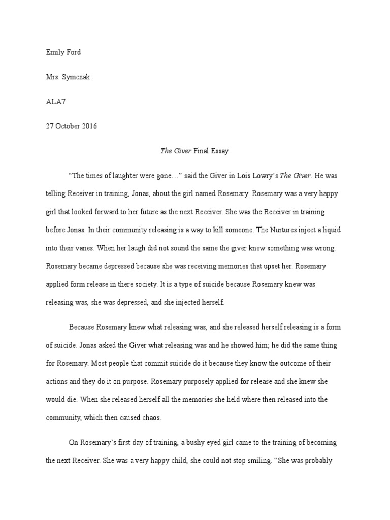 The Giver Final Essay | PDF | The Giver