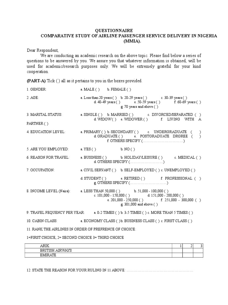 Questionnaire Comparative Study of Airline Passenger Service Delivery ...