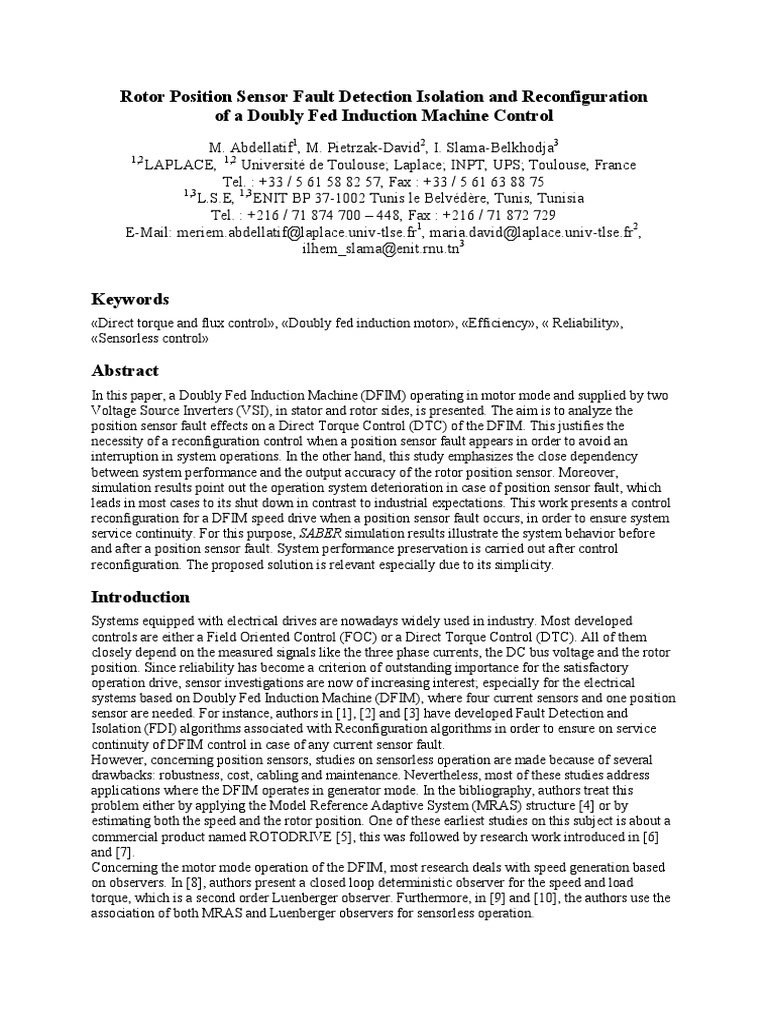 Rotor Position Sensor Fault Detection Isolation and Reconfiguration of ...
