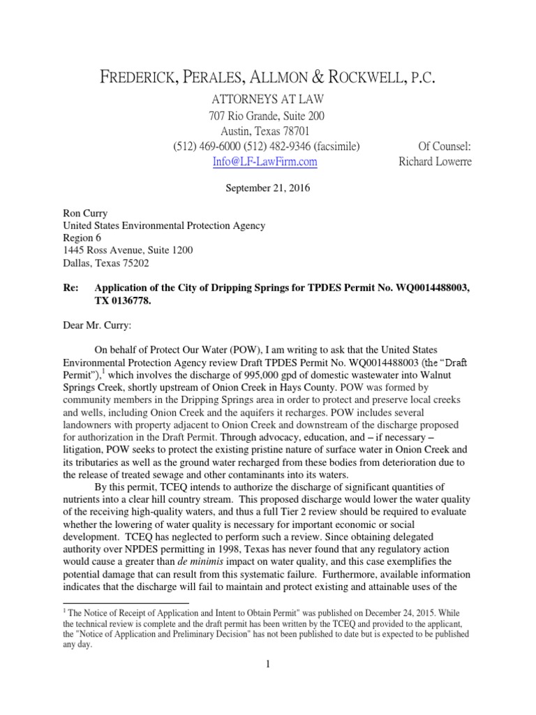 Protect Our Water Letter To EPA On Dripping Springs Permit Request ...