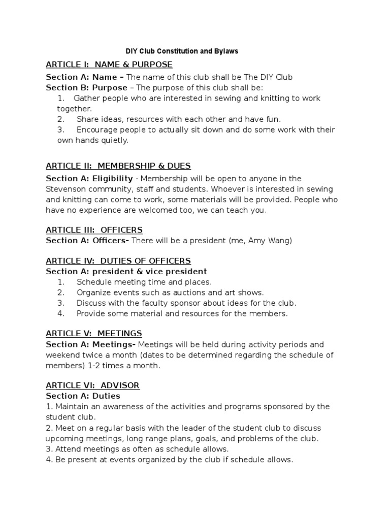 DIY Club Constitution and Bylaws | PDF