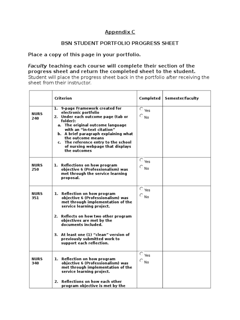 Appendix C BSN Student Portfolio Progress Sheet Place A Copy of This ...