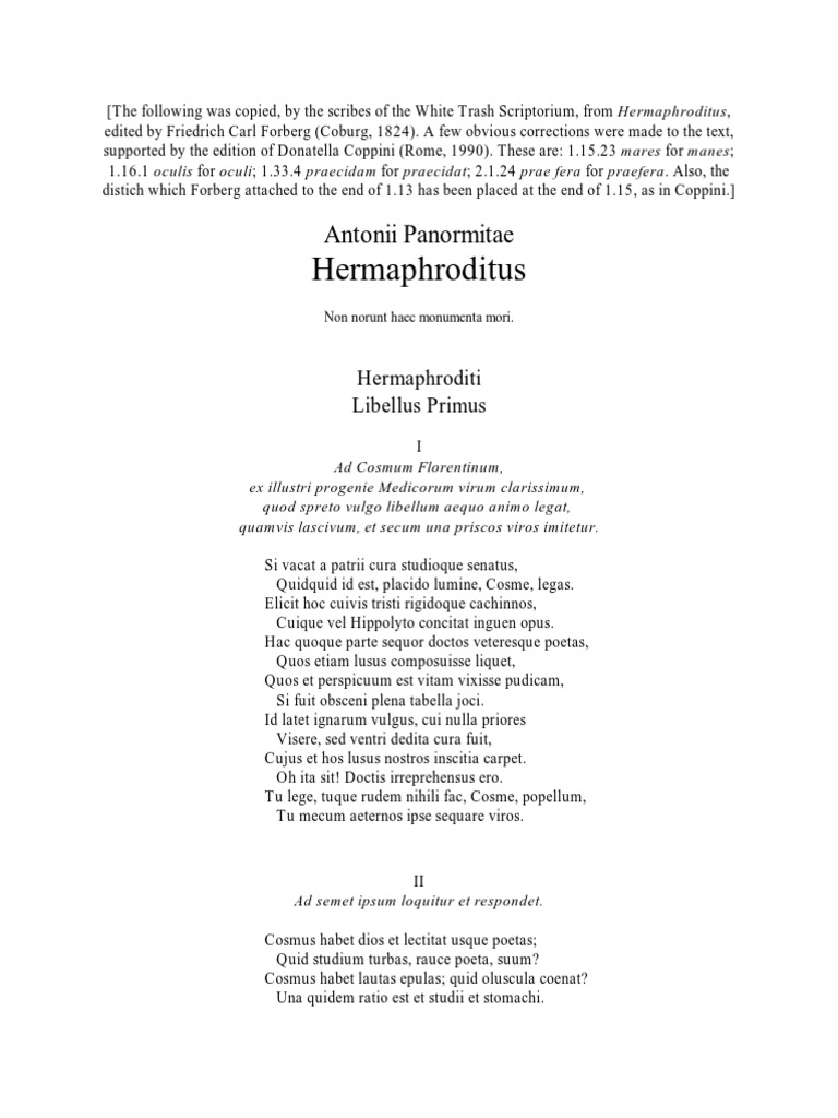 Beccadelli - Hermaphroditus (Latin) | PDF