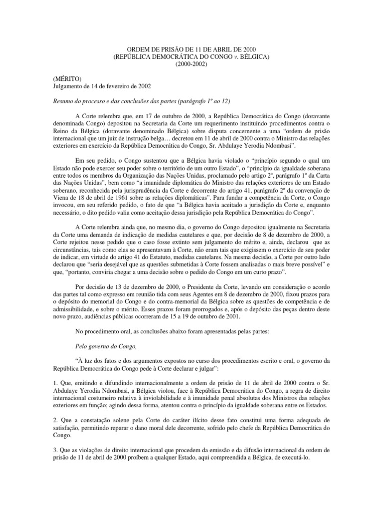 Ordem de Prisão: Congo vs. Bélgica 2000 | PDF | Diplomacia | Jurisdição