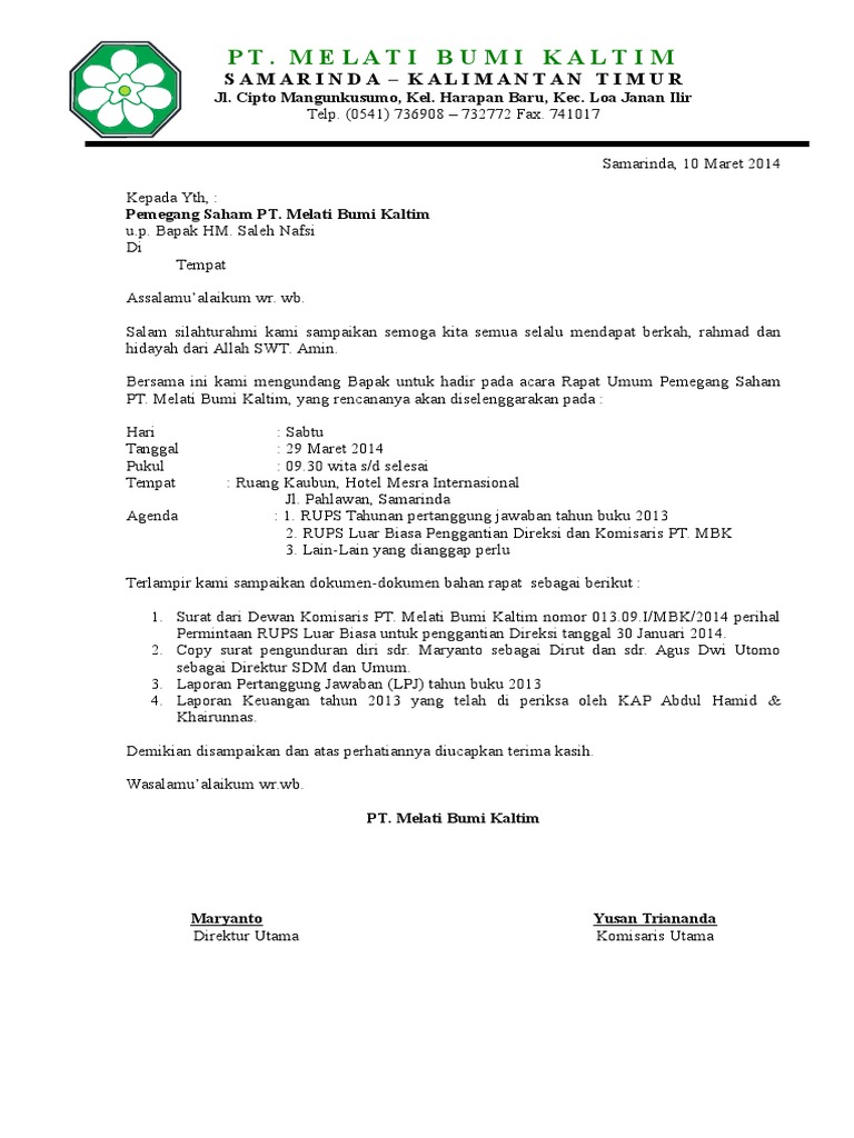 Contoh Surat RUPS Luar Biasa | PDF