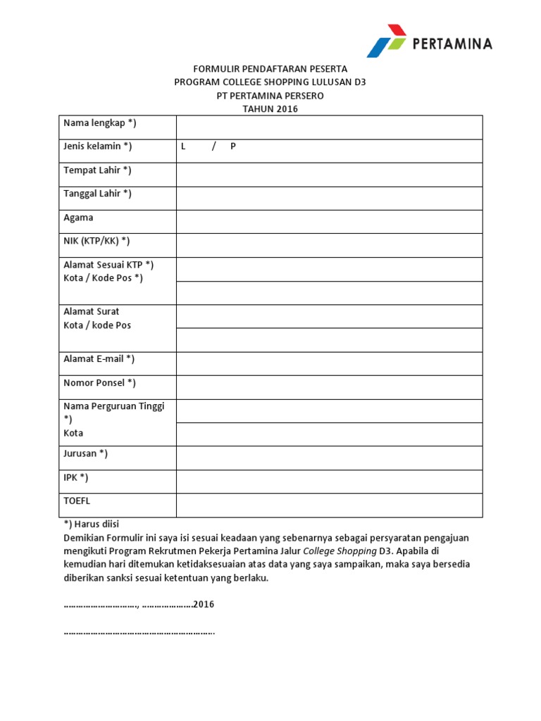 Formulir Peserta Pertamina | PDF | Bisnis | Olahraga & Rekreasi