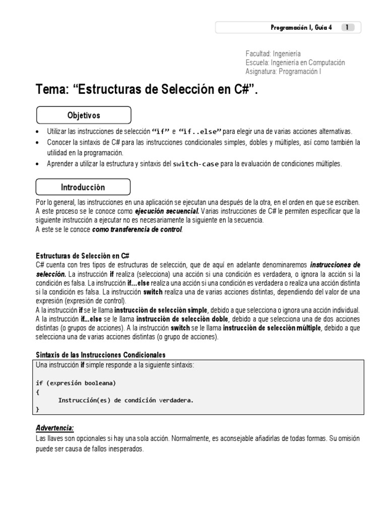 Estructuras de Seleccion en C# | PDF | C Sharp (lenguaje de programación) | Fórmula