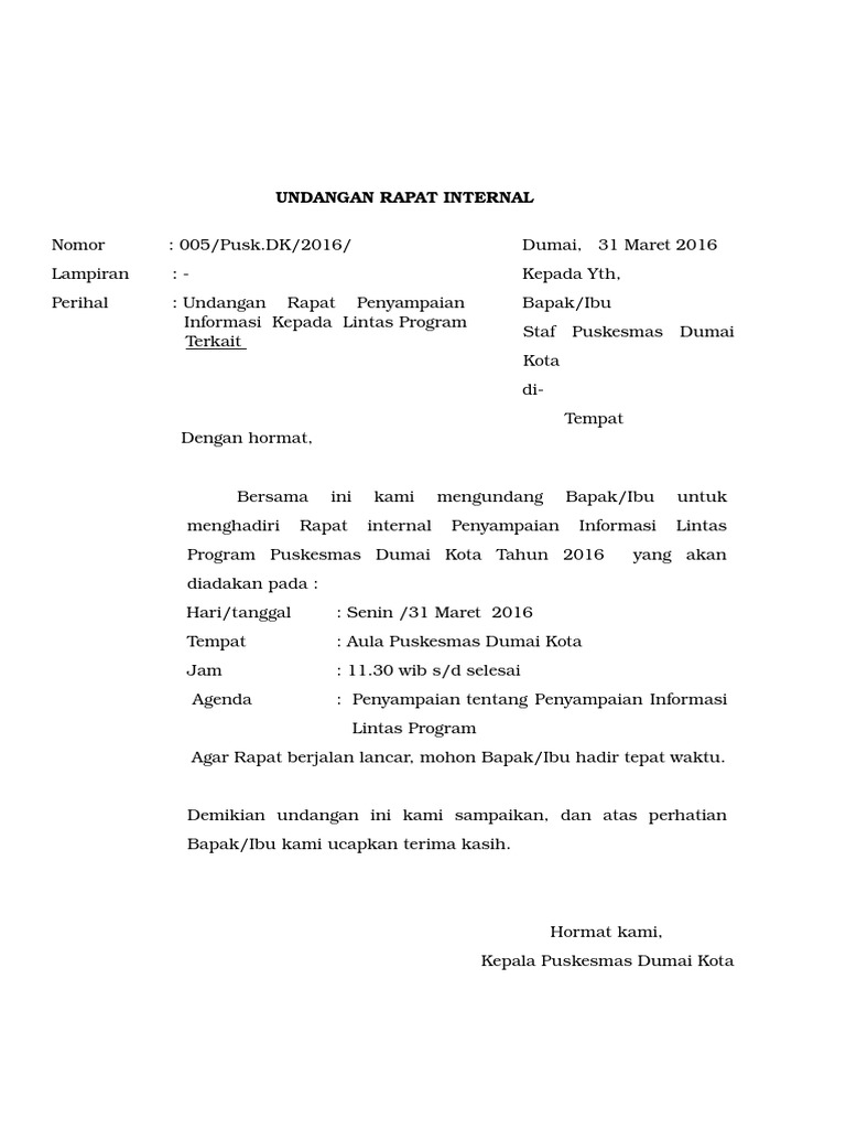 Undangan Rapat Internal Puskesmas Dumai | PDF