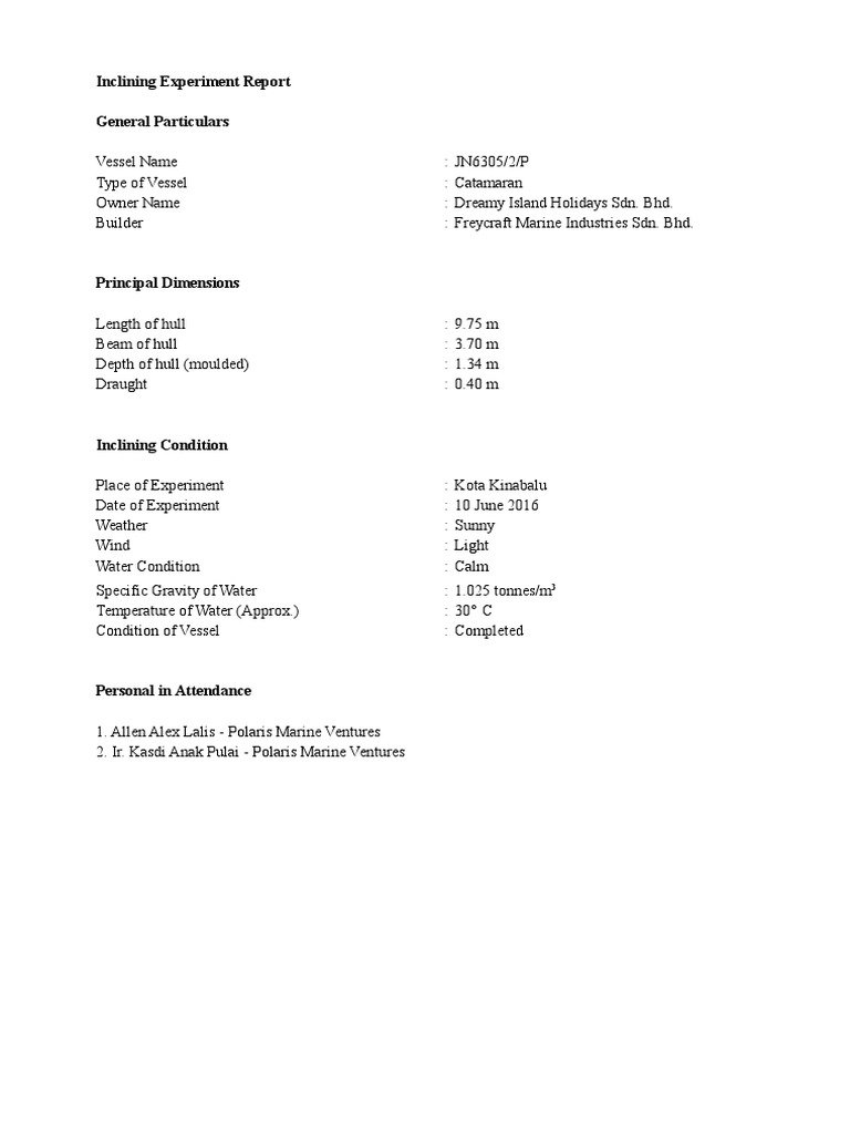 Catamaran Inclining Report | PDF | Shipping | Watercraft