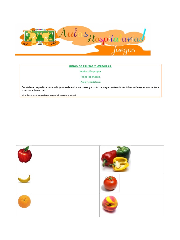 Bingo Frutas y Verduras | PDF | Hogar, jardinería y bricolaje | Salud y ...