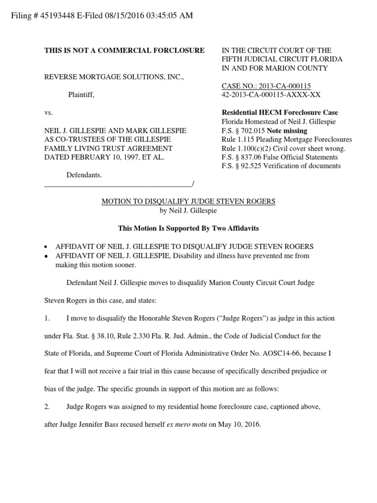 Motion To Disqualify Judge Steven Rogers Filing # 45193448 | PDF | Discovery (Law) | Fourteenth ...