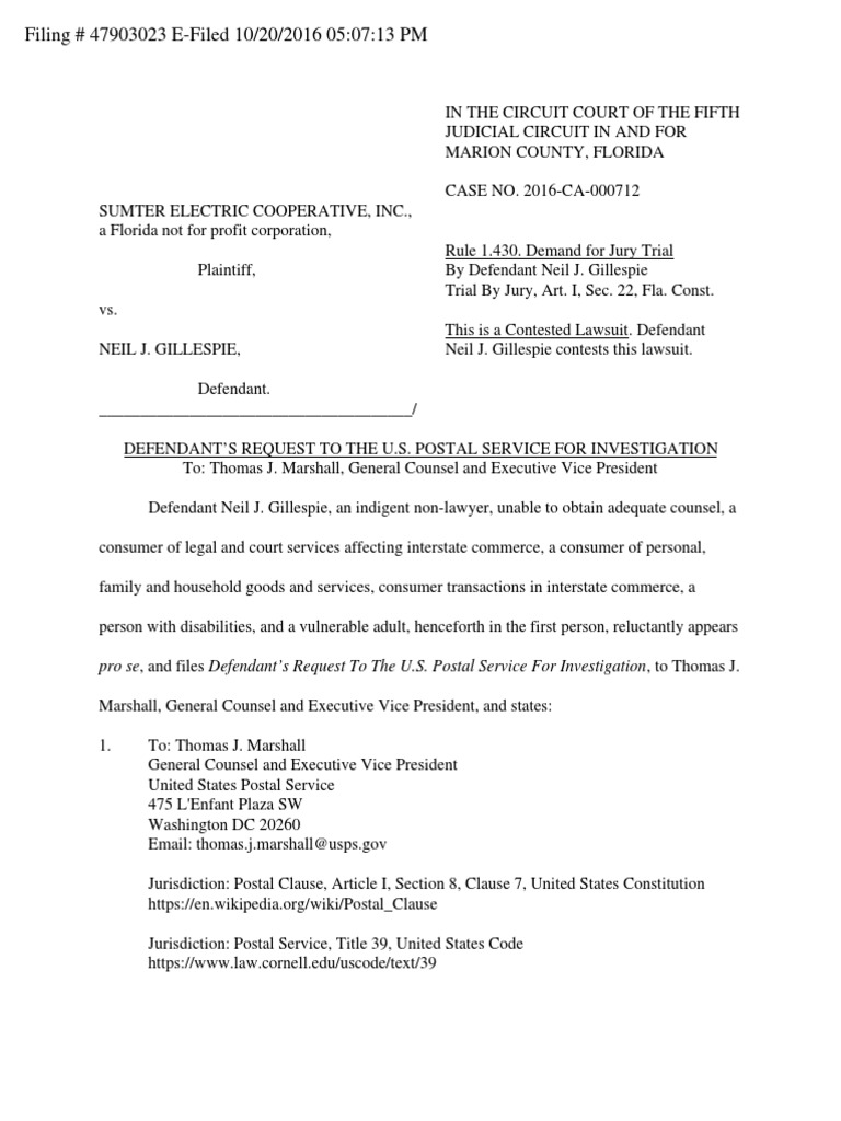 Defendant's Request for Investigation by the USPS 2016-CA-00712 ...