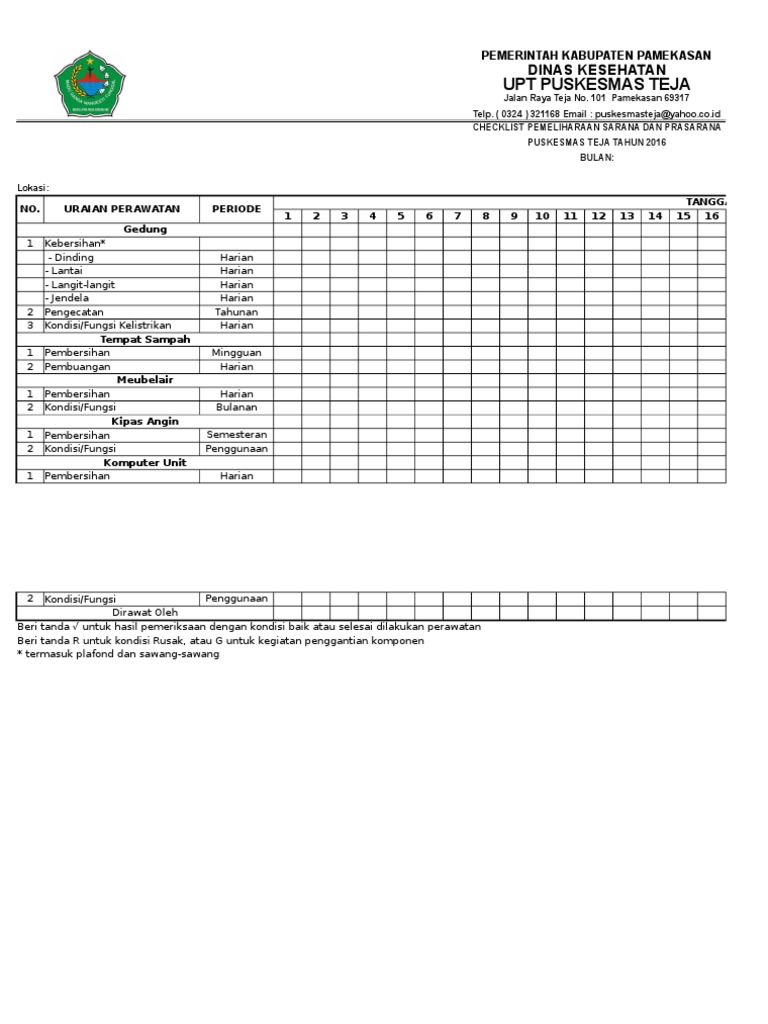 Checklist pemeliharaan sarana dan prasarana