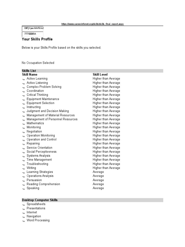 Your Skills Profile: Skills List Skill Name Skill Level | PDF