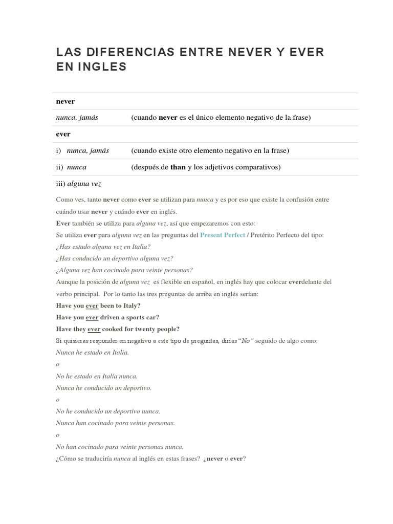 Las Diferencias Entre Never y Ever en Ingles | PDF | Sintaxis ...