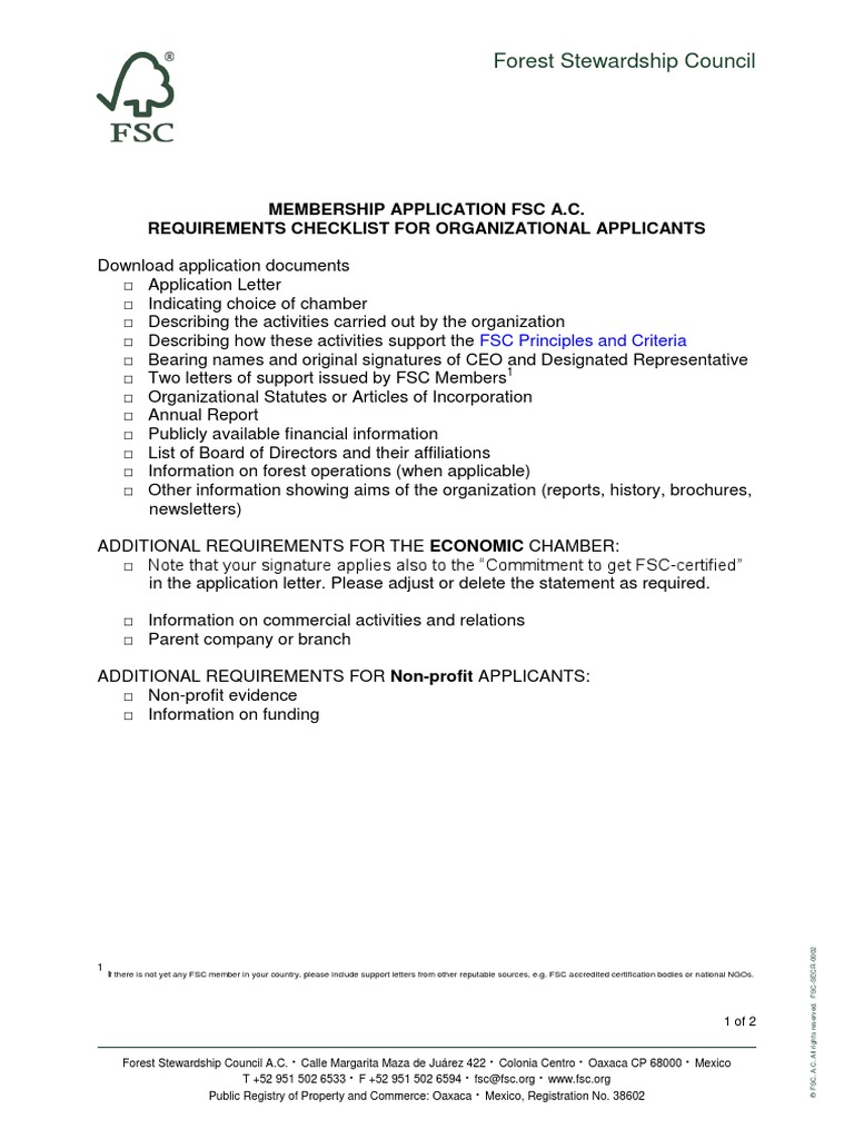 Membership Application FSC A.C. Requirements Checklist For ...