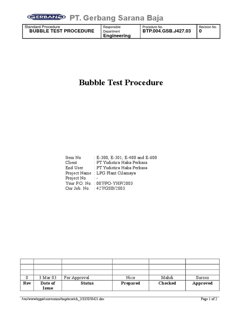 Bubble Test Procedure: PT. Gerbang Sarana Baja | PDF