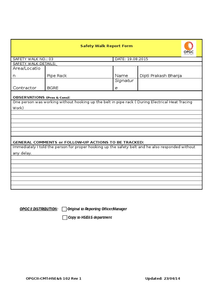Safety Walk Report Detailing At-Risk Behavior Observed During ...