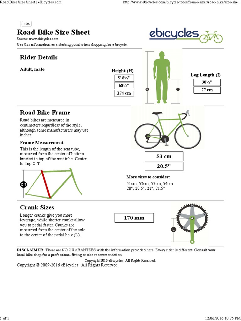 Road Bike Size Sheet - EBicycles | PDF