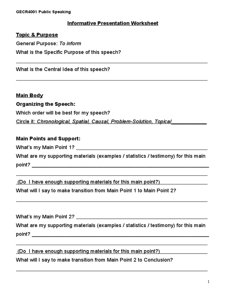 Informative Presentation Worksheet | PDF