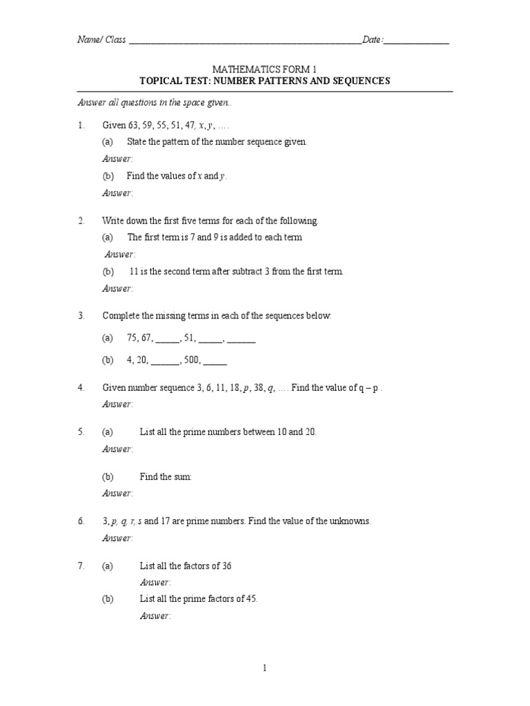 Topical Test: Number Patterns and Sequences: Name/ Class Date | PDF