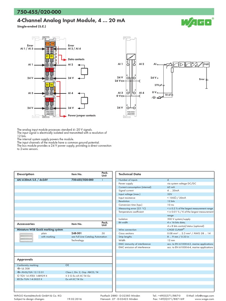 Wago 750-455 4-Channel Analog Input 4-20ma | PDF | Teaching Methods & Materials | Computers