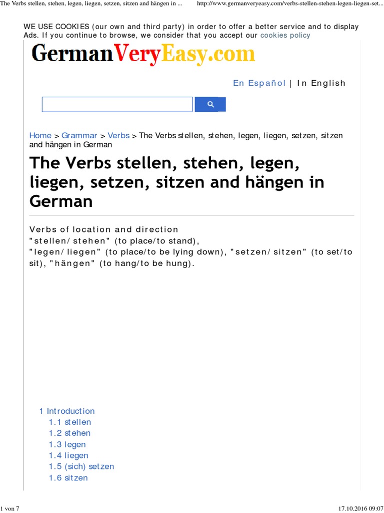 The Verbs Stellen, Stehen, Legen, Liegen, Setzen, Sitzen and Hängen in ...