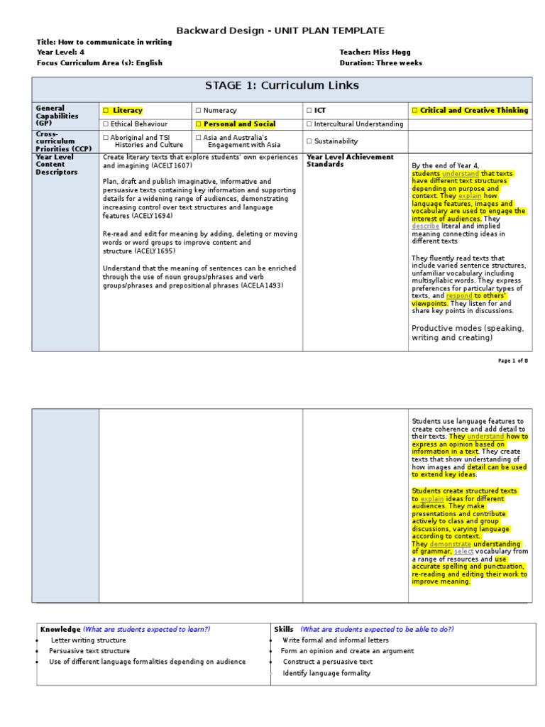 STAGE 1: Curriculum Links: Backward Design - UNIT PLAN TEMPLATE | PDF ...
