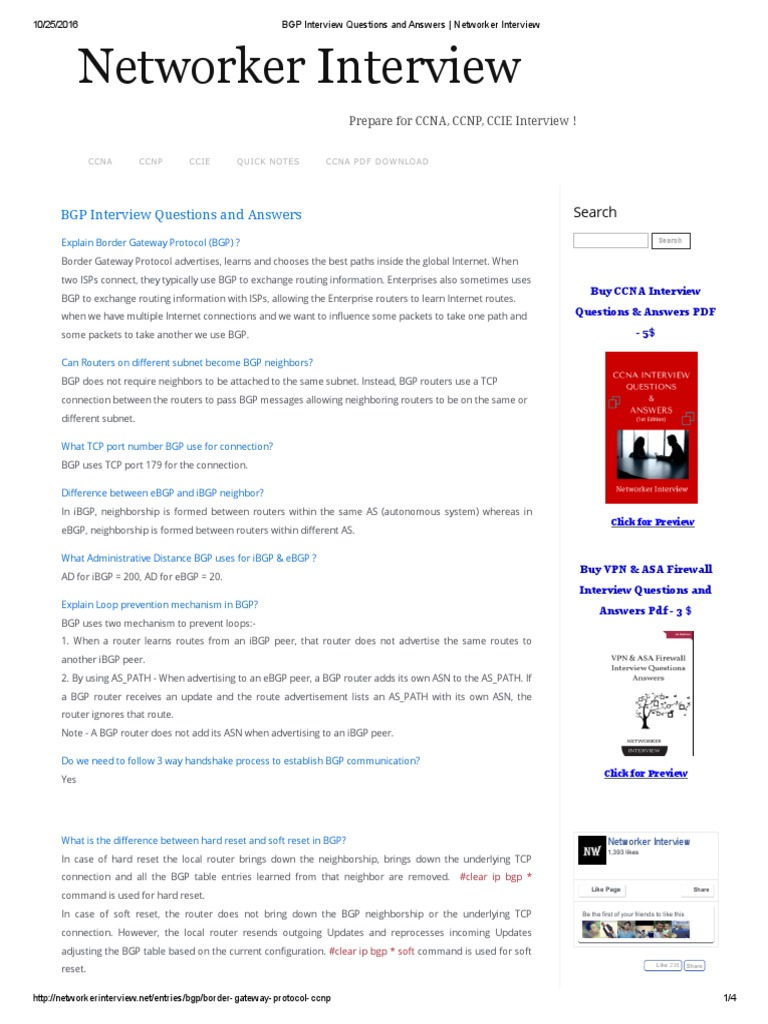 BGP Interview Questions and Answers - Networker Interview | Download Free PDF | Router ...