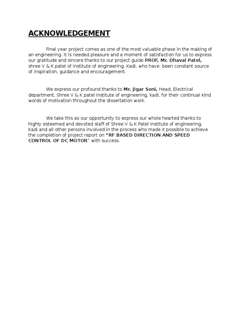 Acknowledgement: CONTROL OF DC MOTOR" With Success | PDF