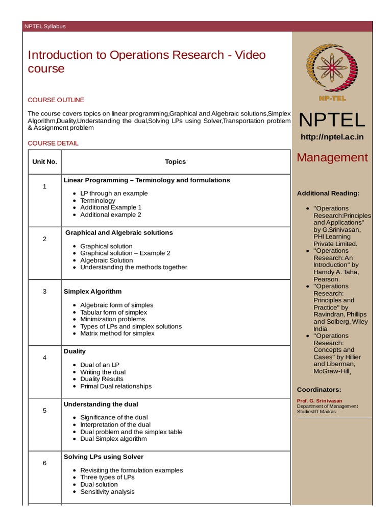 NPTEL Operations Research Course Outline | PDF | Teaching Methods ...