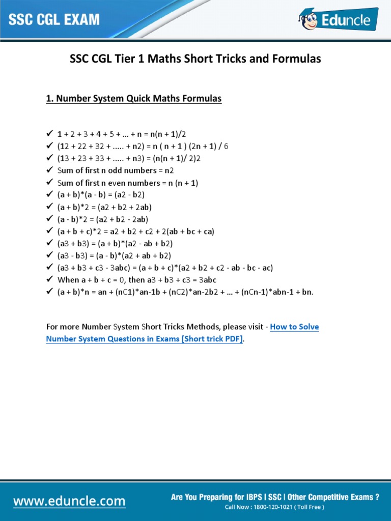 SSC CGL Tier 1 Short Tricks and Formulas PDF | Area | Speed