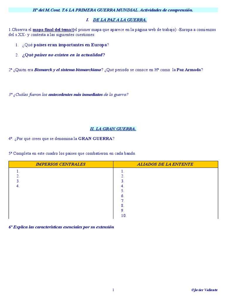 Actividades de Comprensión Sobre La IGM | PDF | Primera Guerra Mundial ...