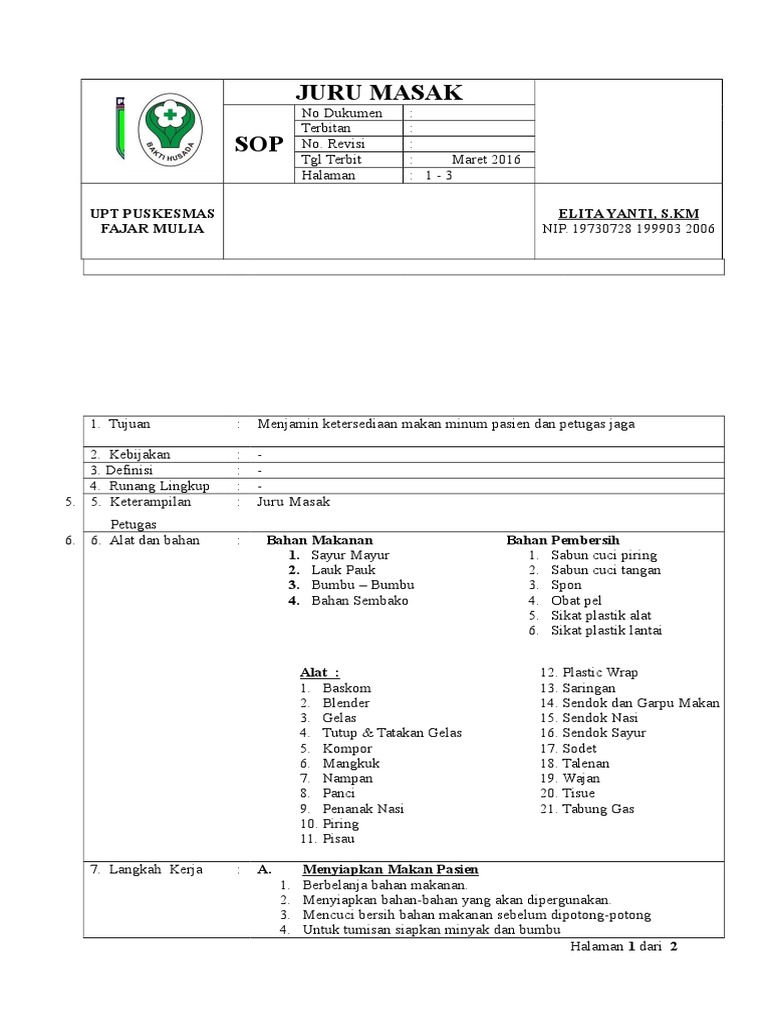 SOP Juru Masak Puskesmas Fajar Mulia | PDF | Kesehatan Holistik