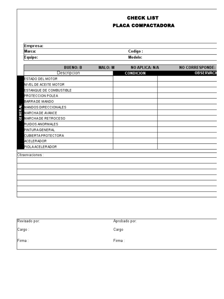 Checklist de Inspección para Placa Compactadora | PDF | Negocios | Derecho