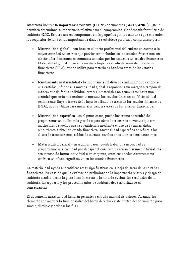 Tipos de Materialidad en Auditoría 420 | PDF