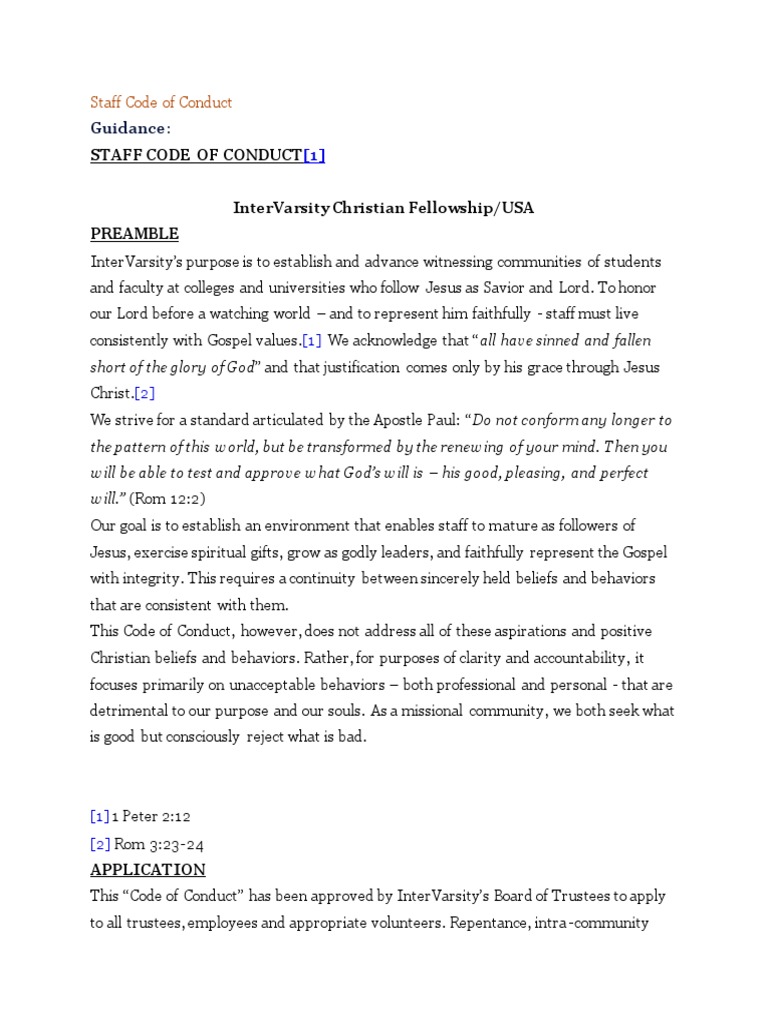Staff Code of Conduct | PDF | Inter Varsity Christian Fellowship ...