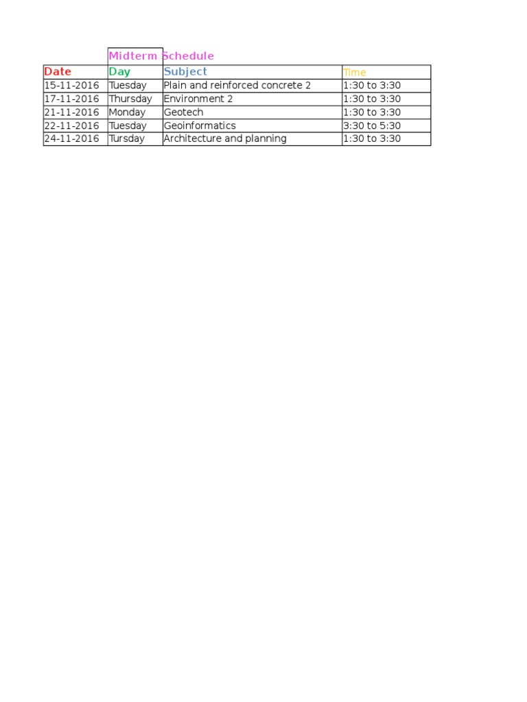 Midterm Schedule: Subject | PDF