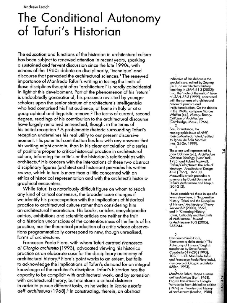 Andrew Leach The Conditional Autonomy of Tafuri Historian Oase n69 PDF ...