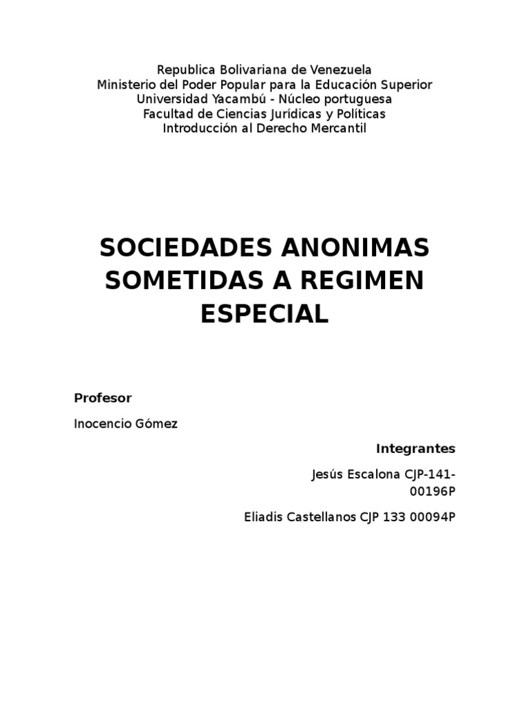 Sociedades Anónimas Sometidas A Regímenes Especiales (VENEZUELA) | PDF | Bolsa | Seguro