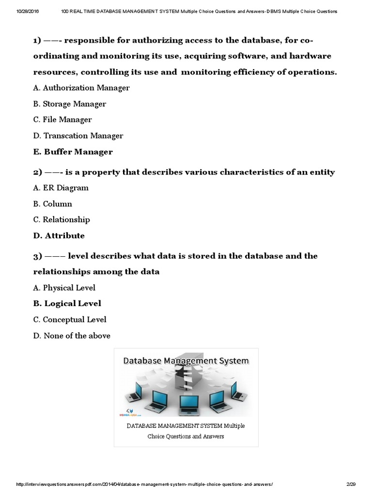 100 Dbms Multiple Choice Questions Pdf Data Model Databases