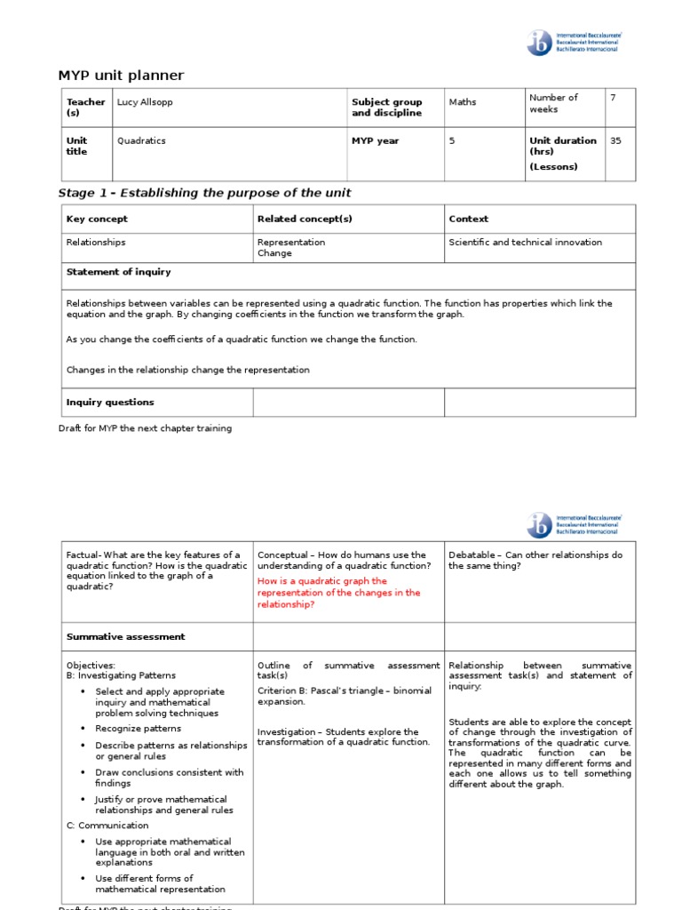 MYP 5 Quadratics Unit Planner | PDF | Quadratic Equation | Cartesian ...