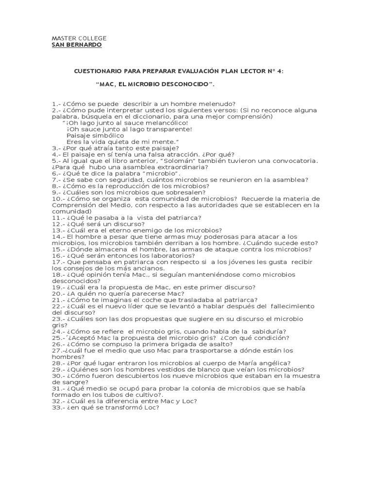 Cuestionario Plan Lector 4 Mac El Microbio Desconocido Pdf