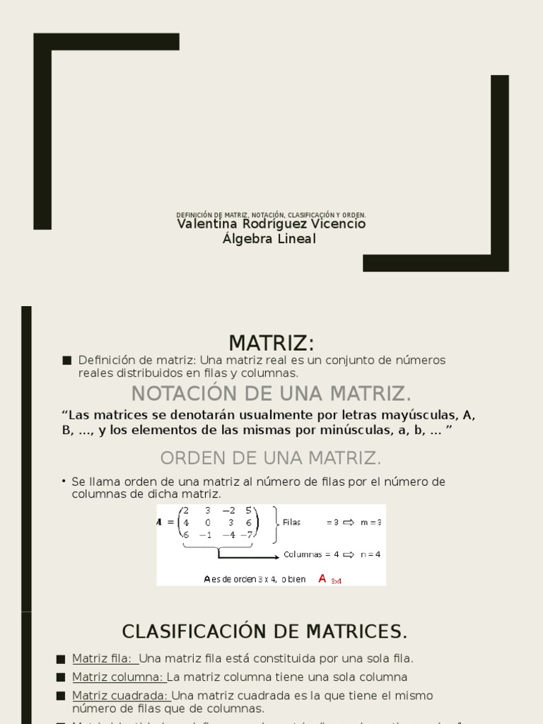 Definición de matriz, notación y orden.