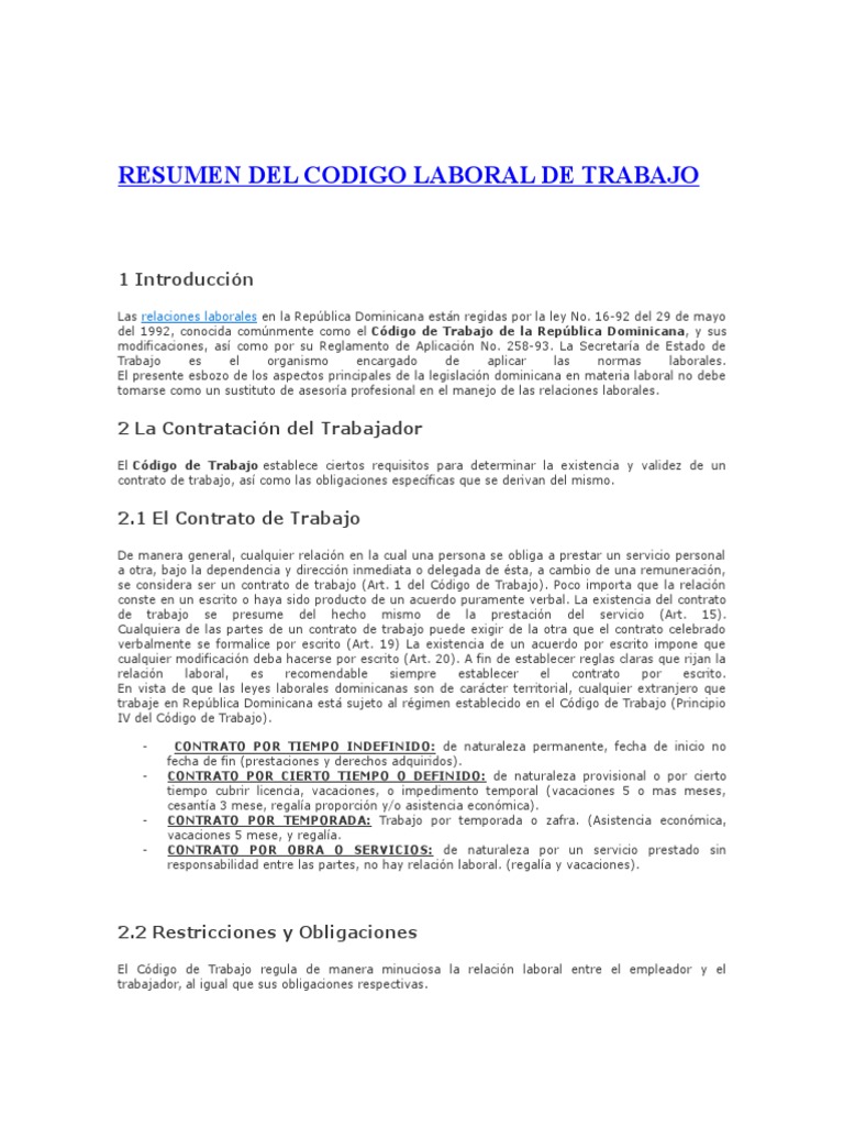 Resumen Del Codigo Laboral de Trabajo | PDF | Derecho laboral | Salario