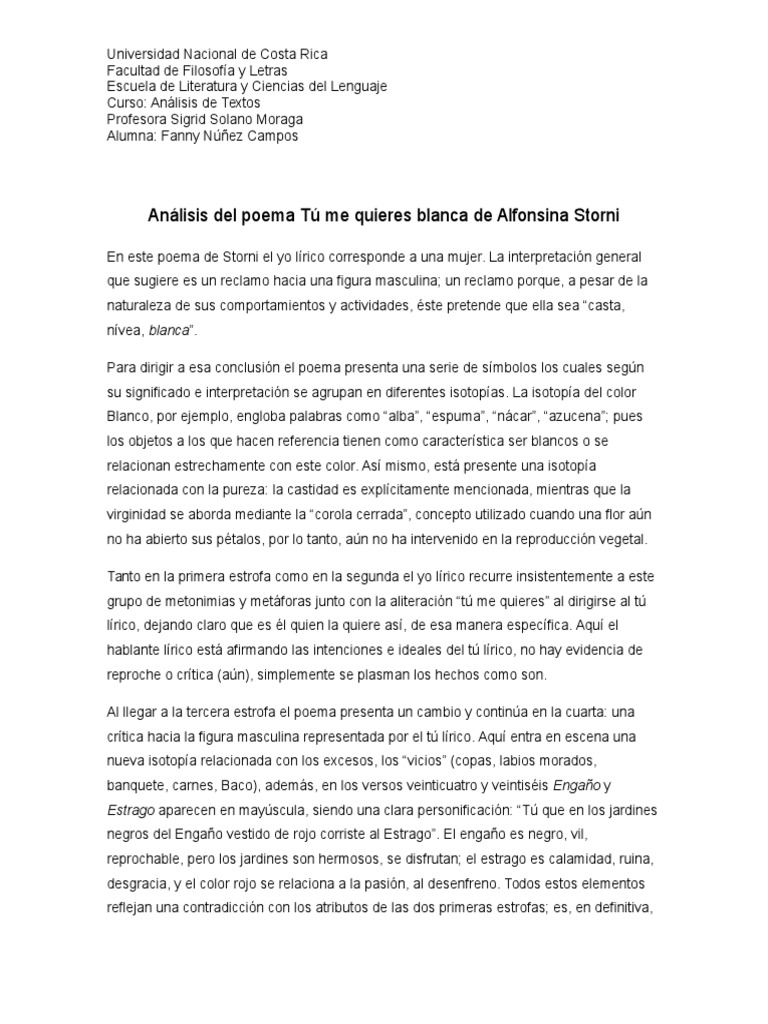 Análisis Del Poema Tú Me Quieres Blanca de Alfonsina Storni | PDF | Poesía