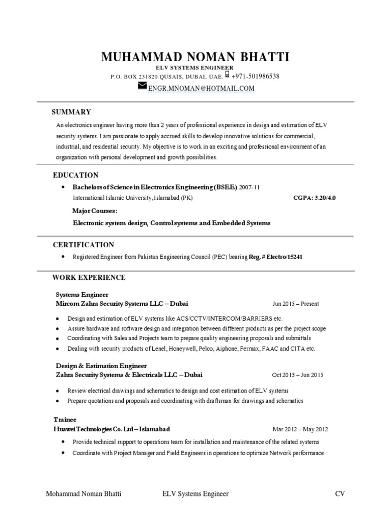 ELV Systems Engineer CV of Noman Bhatti | PDF | Engineering | Computing